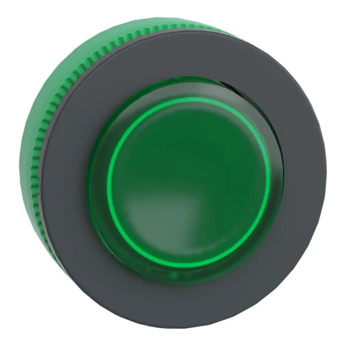 Head for illuminated push button, Harmony XB5, plastic, green projecting, universal LED, spring ...